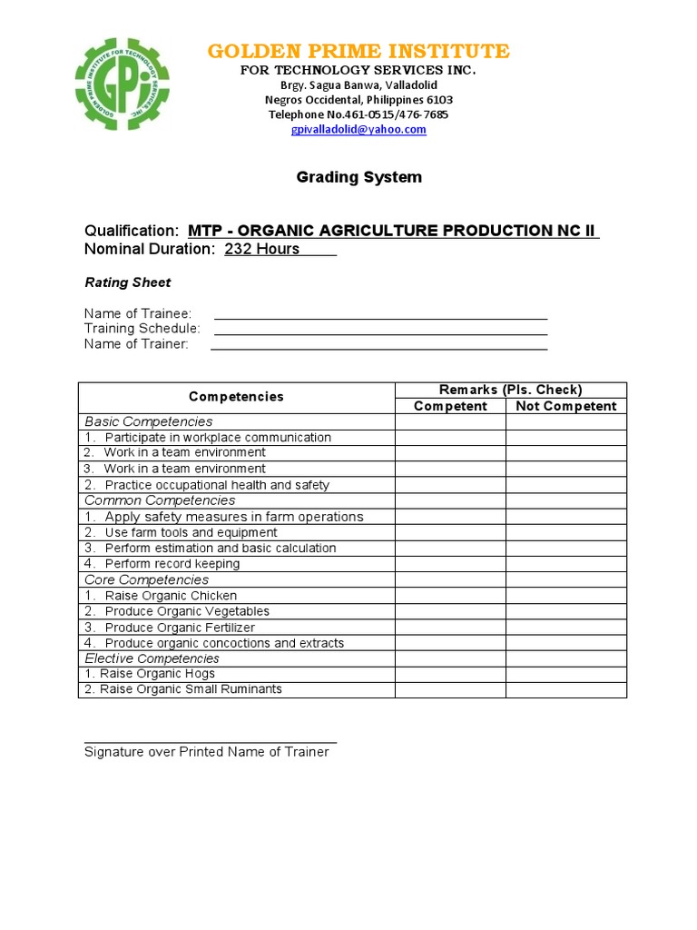OAP NC II - Grading System | PDF