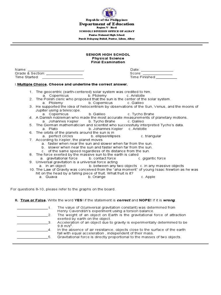 Physical Science Final Exam Guide | PDF | Gravity | Mass