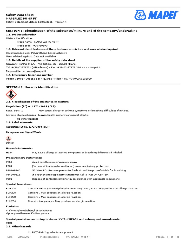 Mapeflex PU 45 FT - MSDS | PDF | Toxicity | Dangerous Goods