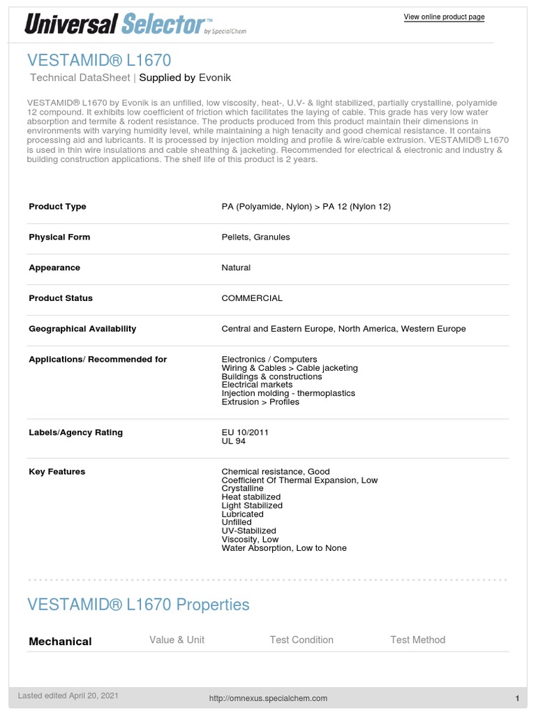 VESTAMID® L1670 - Evonik | PDF | Nylon | Thermoplastic