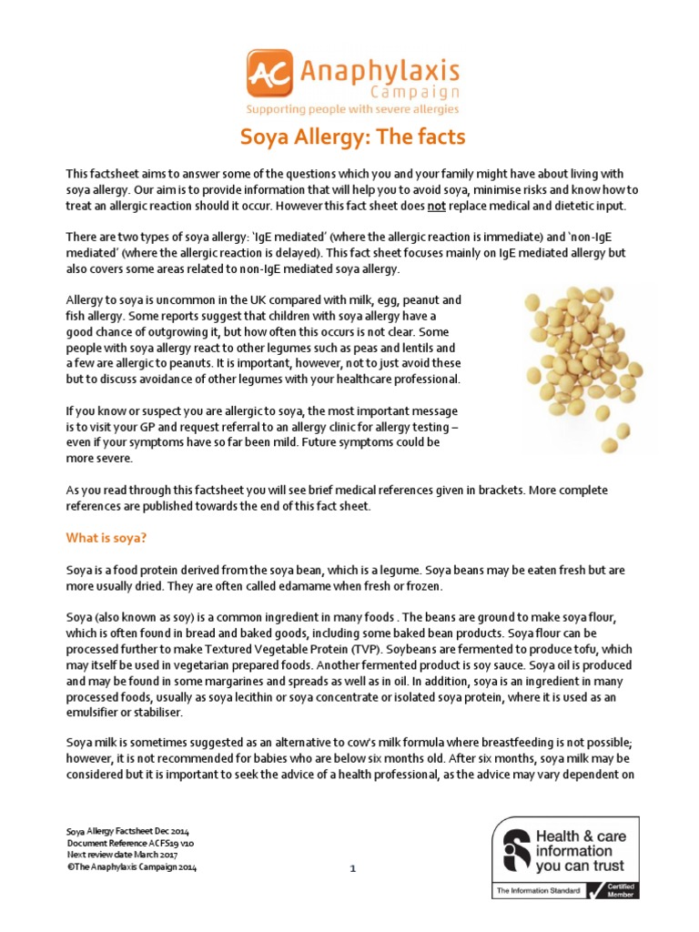 Soya Allergy Factsheet v10 | PDF | Allergy | Soybean