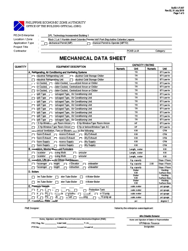Mechanical Data Sheet: Philippine Economic Zone Authority | PDF | Air Conditioning | Water Heating