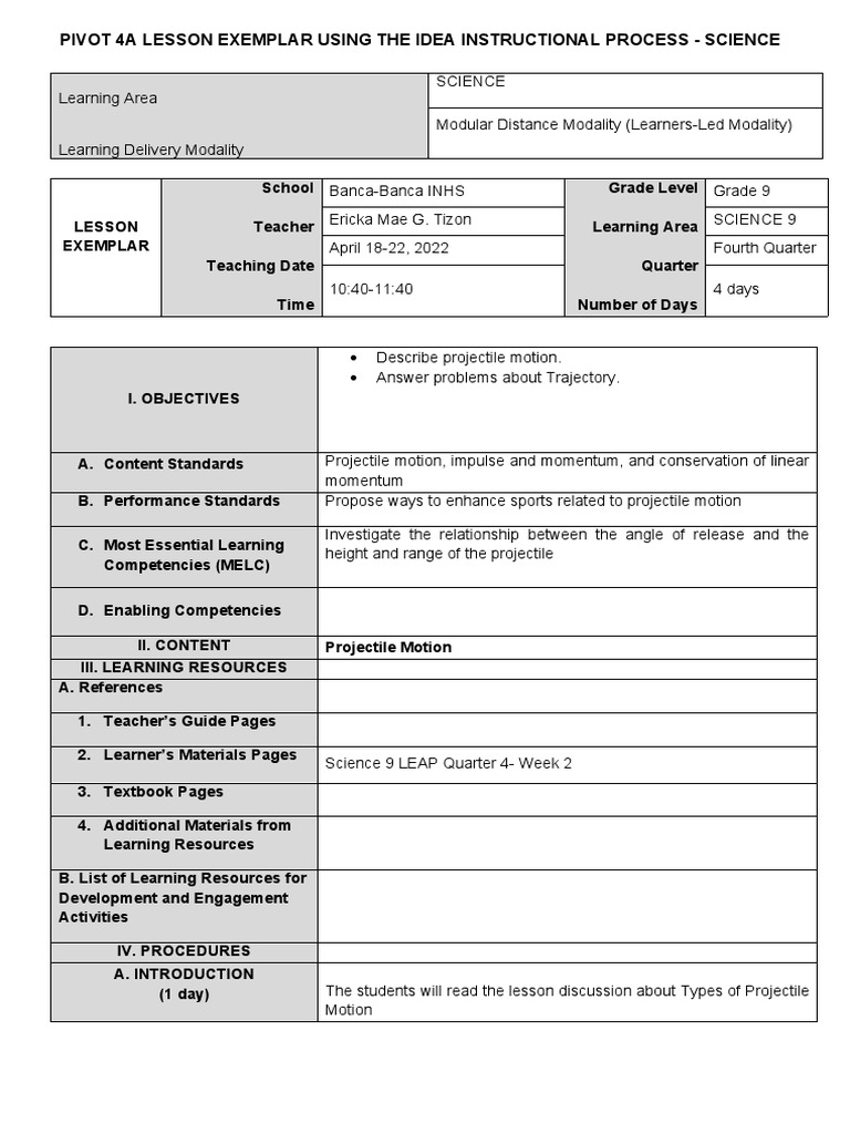 Pivot 4A Lesson Exemplar Using The Idea Instructional Process - Science ...