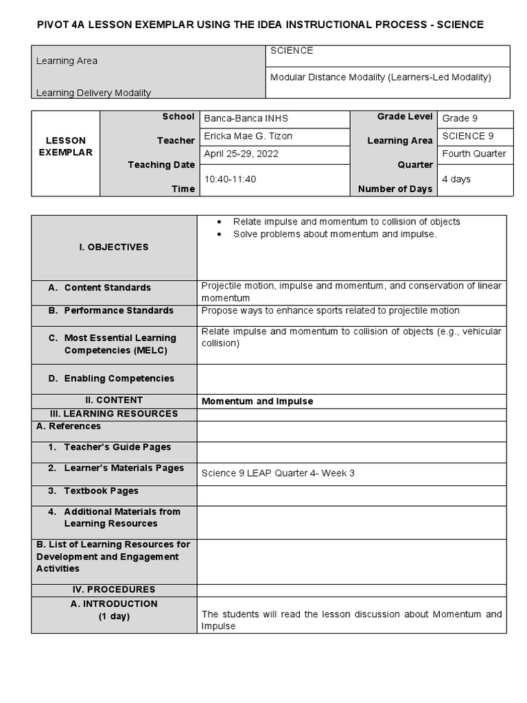 Pivot 4A Lesson Exemplar Using The Idea Instructional Process - Science ...