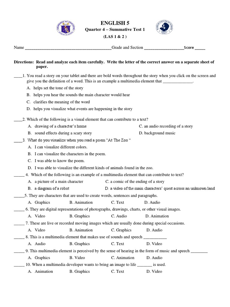 Grade 5 English Q4 Summative Test 1 | PDF | Multimedia