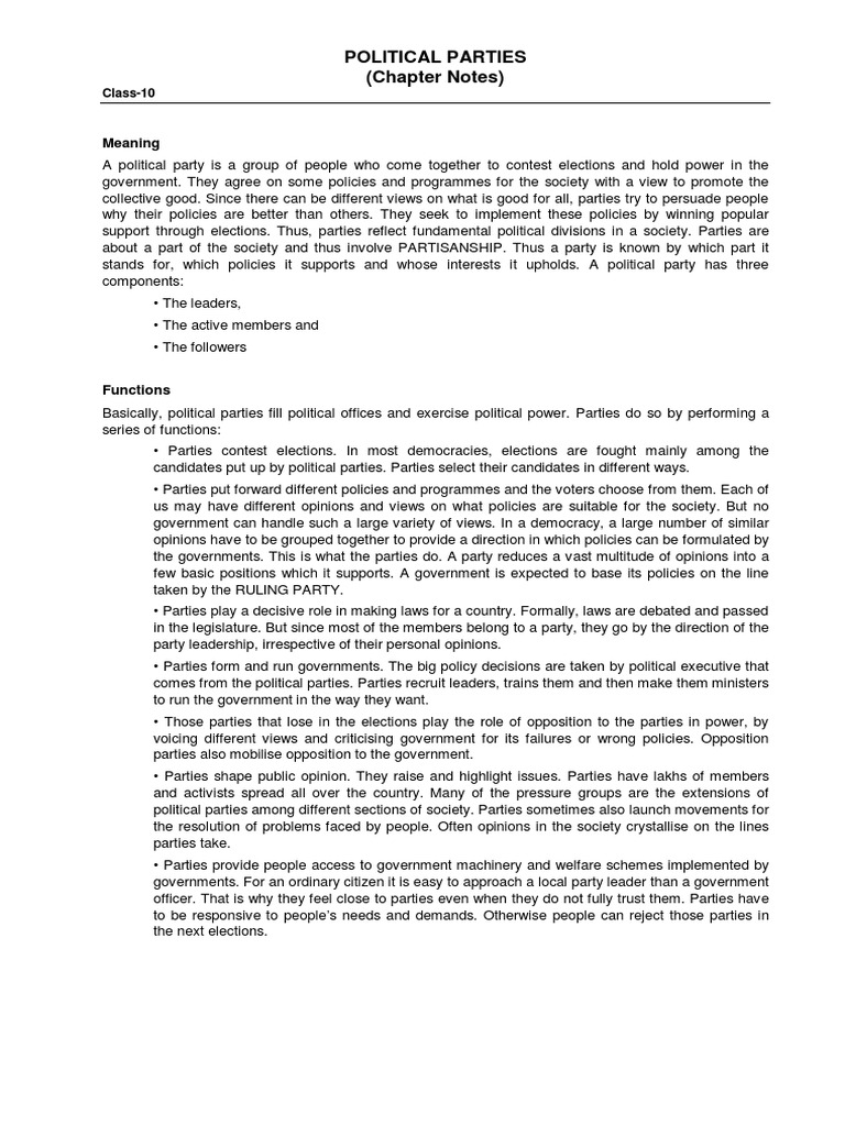 Political Parties (Chapter Notes) : Meaning | PDF | Political Parties ...