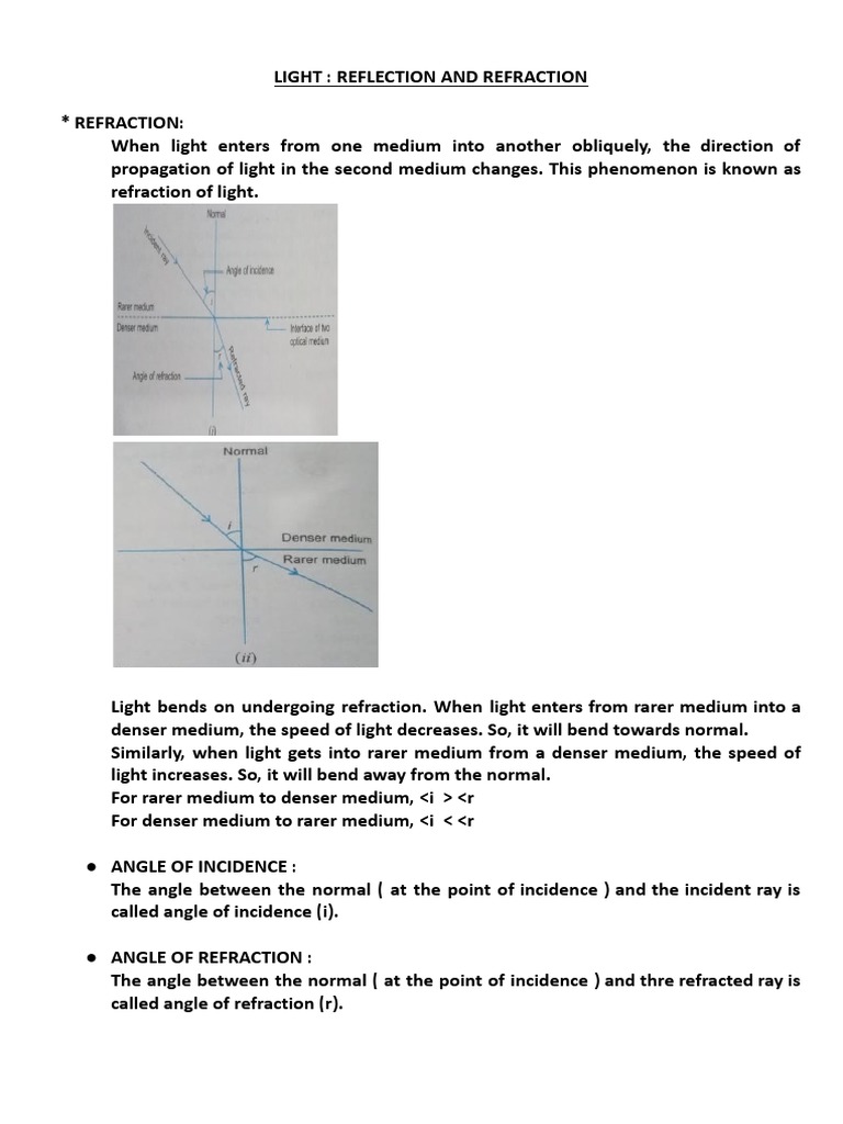Notes PART-4 LIGHT | PDF | Refraction | Refractive Index