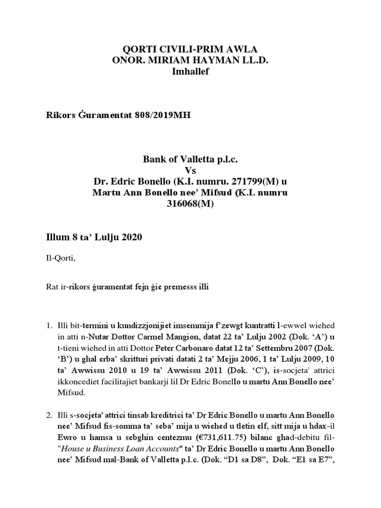 Qorti Civili-Prim Awla Onor. Miriam Hayman Ll.D. Imhallef | PDF