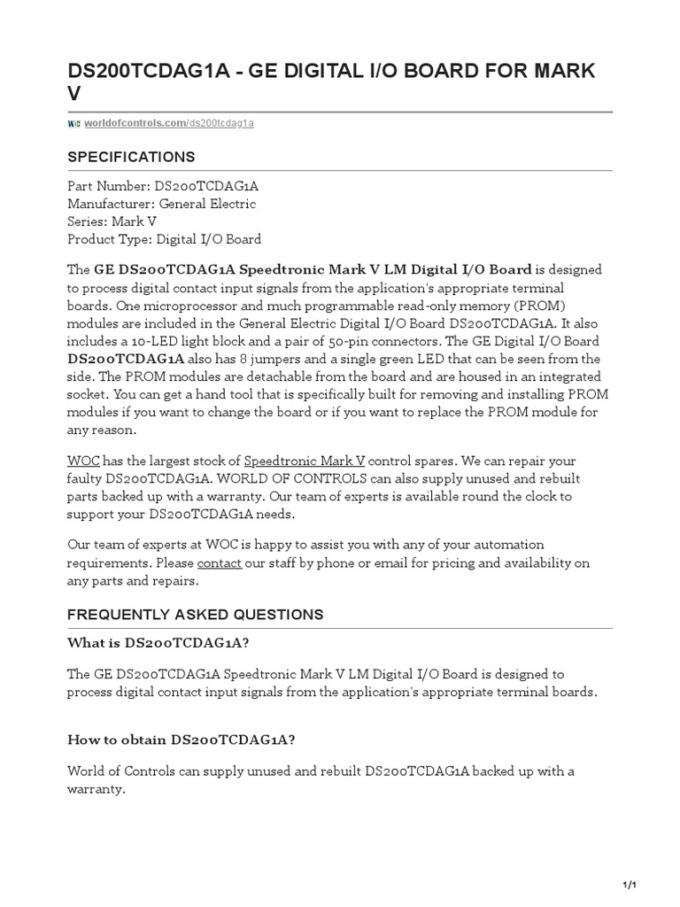 GE Mark V DS200TCDAG1A in Stock | PDF