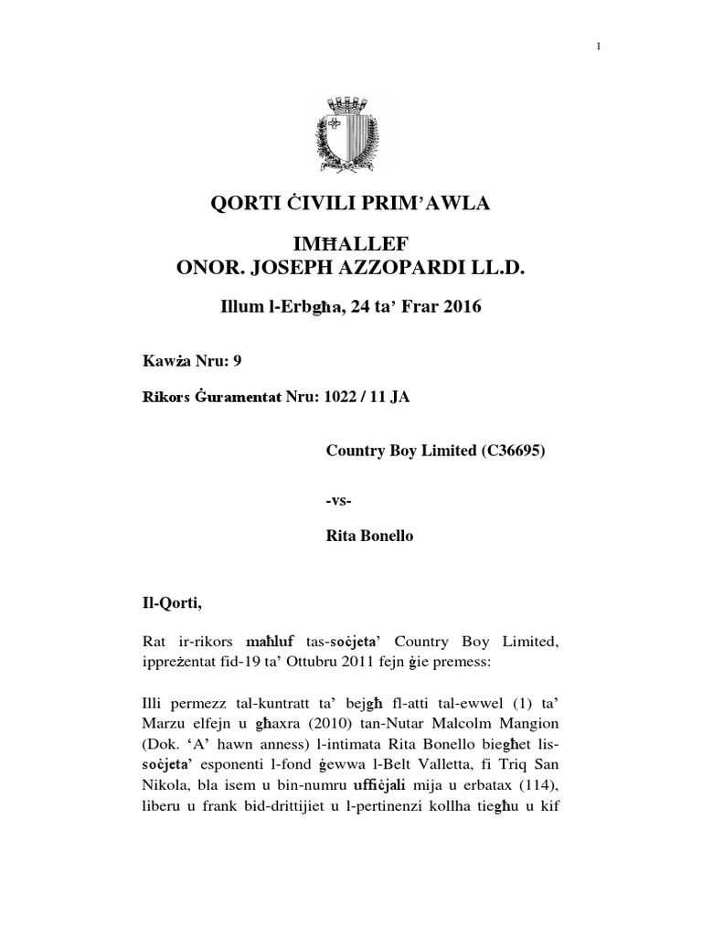 Qorti Ċivili Prim'Awla Imħallef Onor. Joseph Azzopardi LL.D | PDF