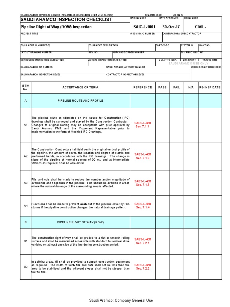 Saudi Aramco Inspection Checklist: Pipeline Right of Way (ROW ...