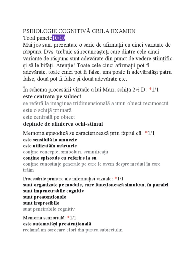 GRILA EXAMEN Psihol Cognitiva - Model | PDF