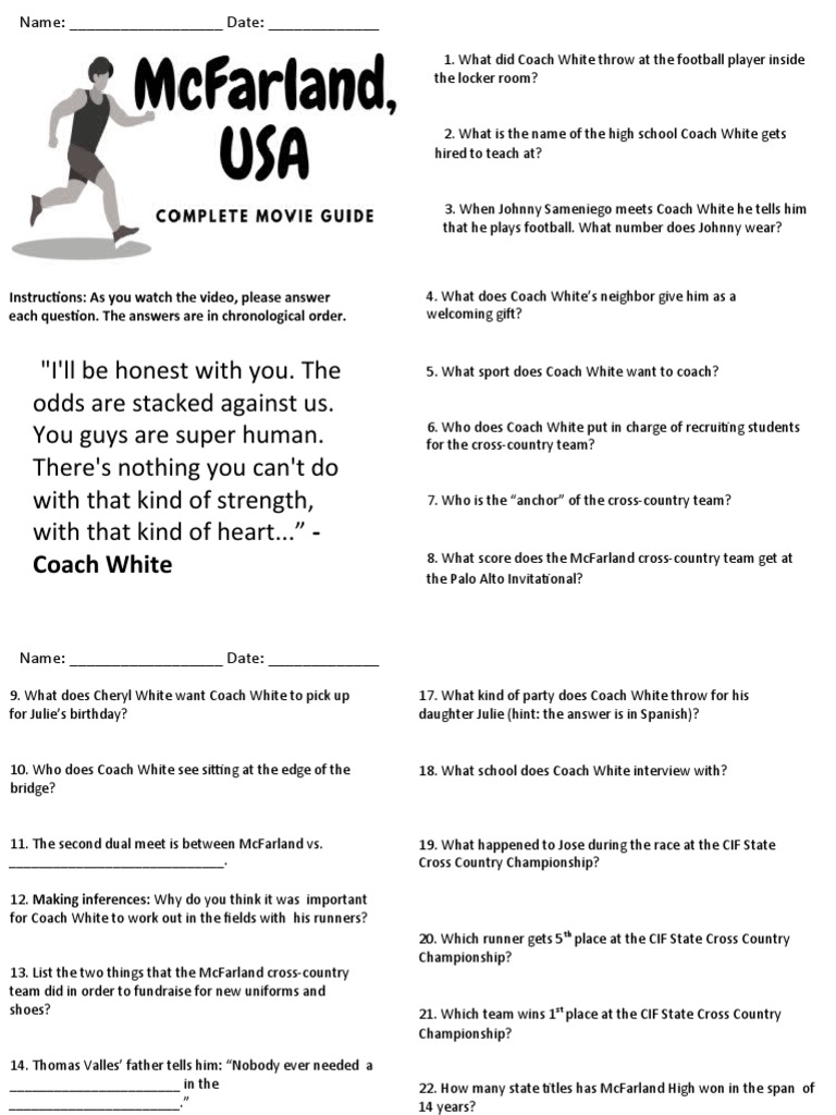 McFarland USA Movie Worksheet Questions | PDF
