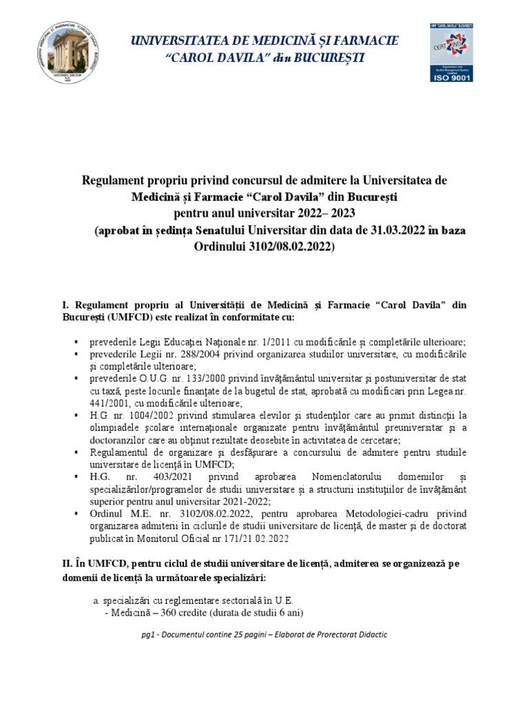 Regulament Concurs Admitere UMFCD 2022-2023 | PDF