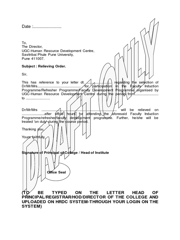 UGC-HRDC Relieving Order Format | PDF