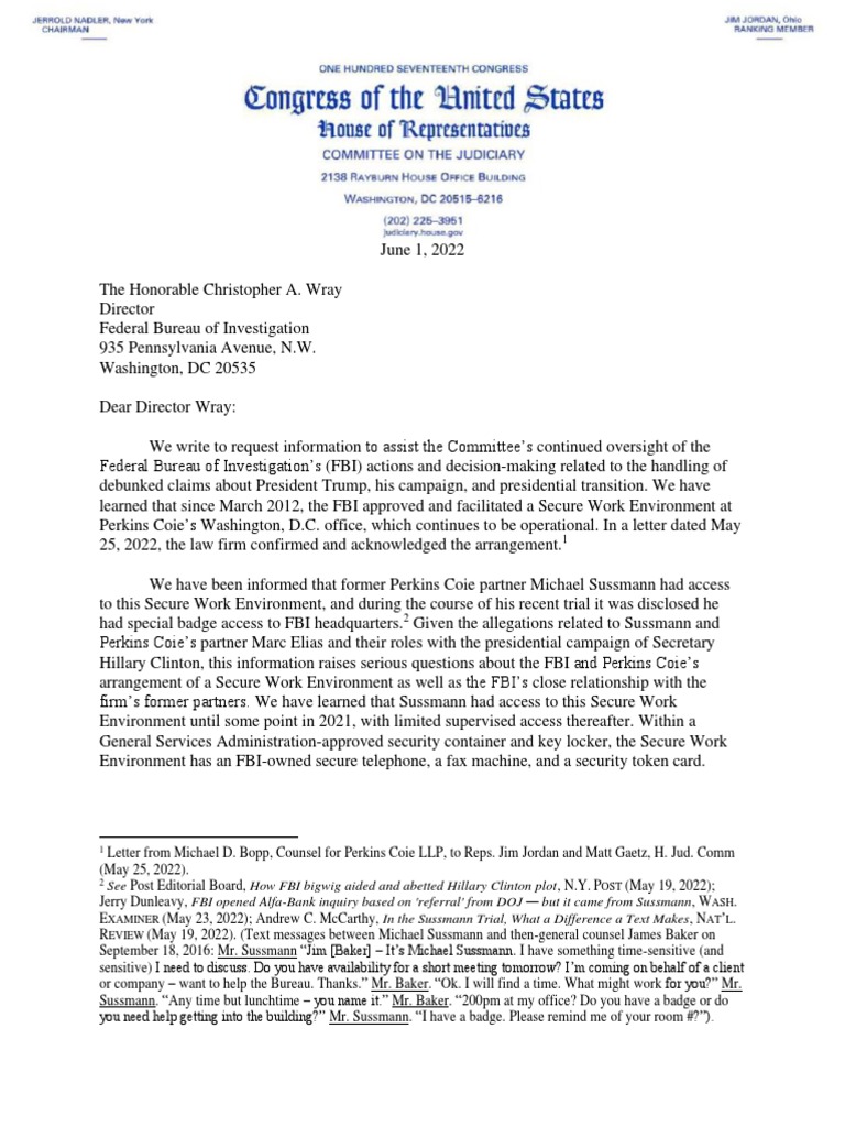 Jordan/Gaetz Letter To FBI | PDF | Federal Bureau Of Investigation ...