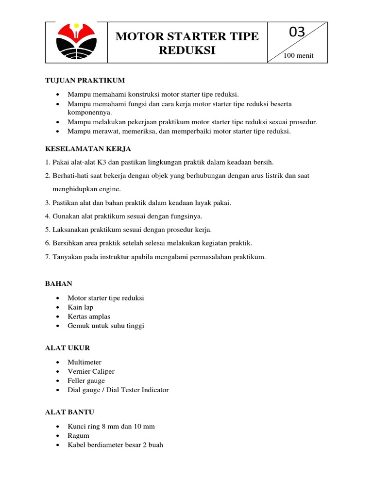 Jobsheet Motor Starter Tipe Reduksi | PDF