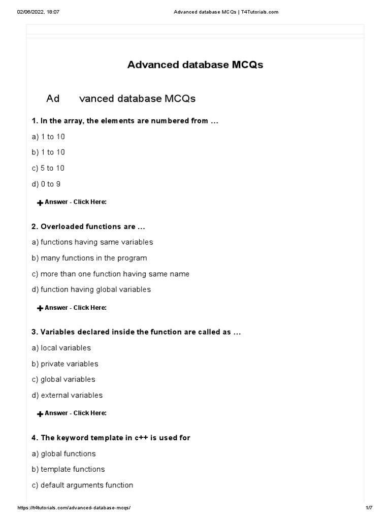 Advanced Database MCQs | PDF | C++ | Databases