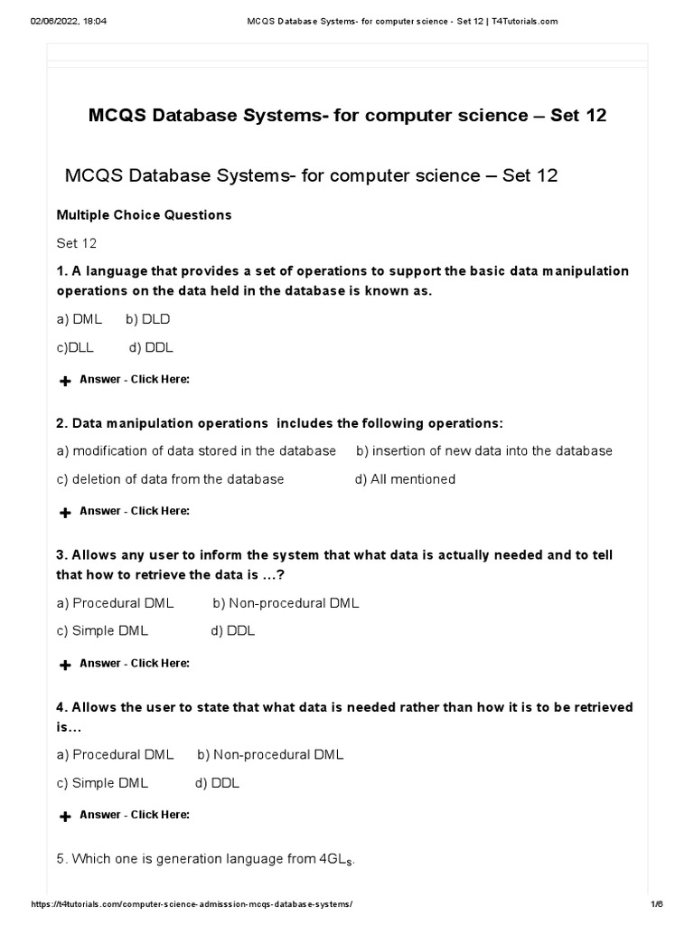 MCQS Database Systems - For Computer Science - Set 12 | PDF | Databases | Data Model