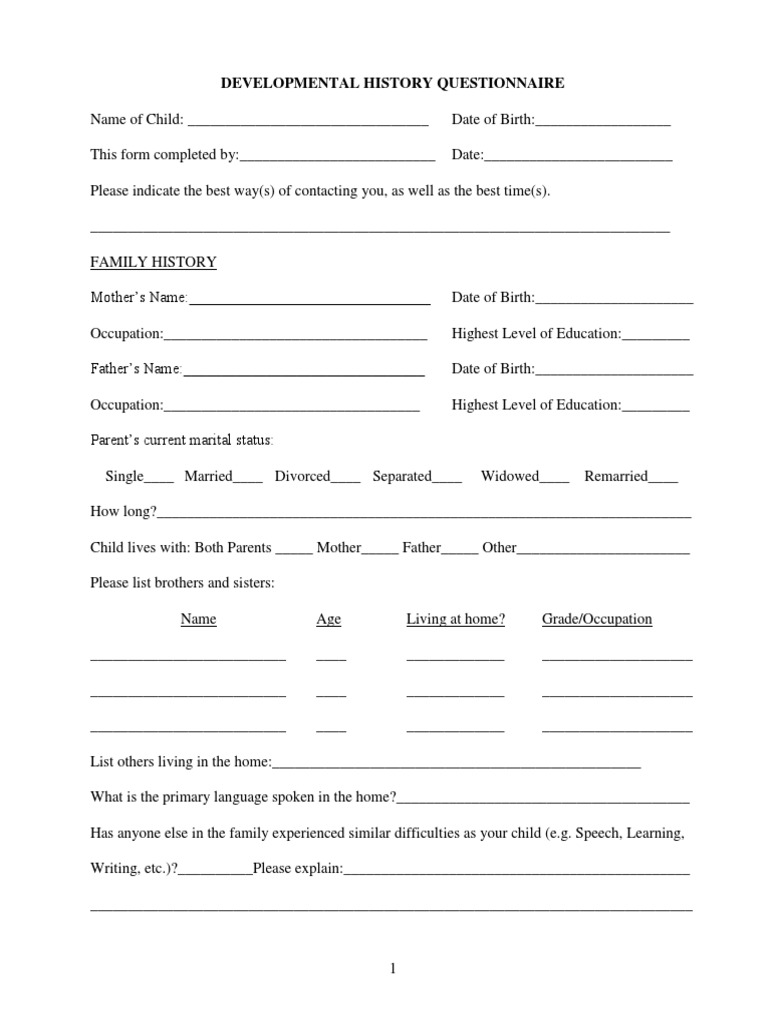 Developmental History Questionnaire | PDF | Pregnancy | Childbirth