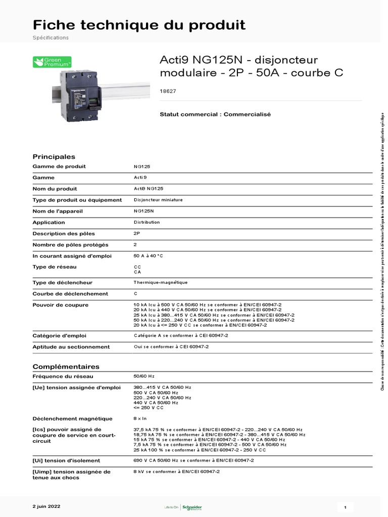 Disjoncteur Acti9 NG125N 50A 2P Courbe C | PDF | Matériaux | Déchets