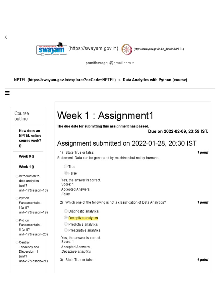 NPTEL Data Analytics Course Week 1 Assignment Solutions | PDF | Type I ...