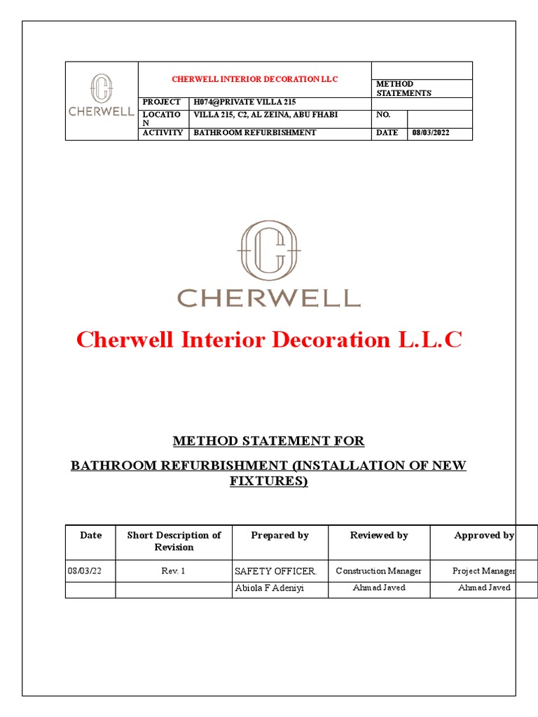 Method Statement For Bathroom Refurbishment | PDF | Drywall | Tile