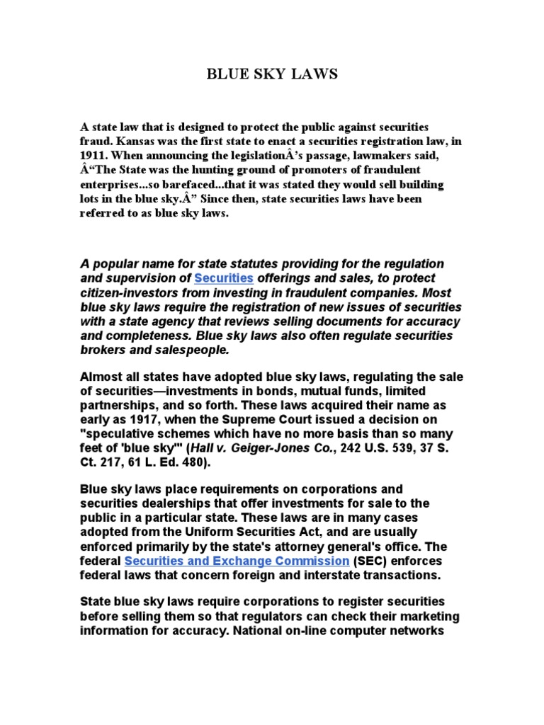 Blue Sky Laws | PDF | Securities Regulation In The United States ...
