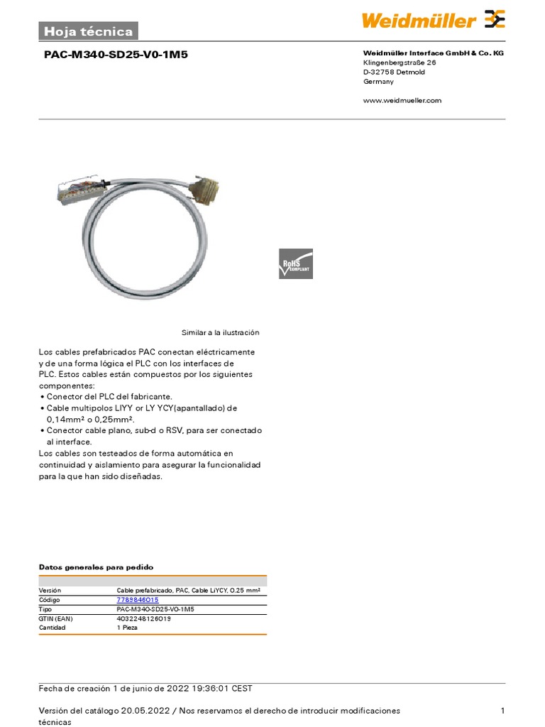 Hoja Técnica: PAC-M340-SD25-V0-1M5 | PDF | Metrología | Bienes ...