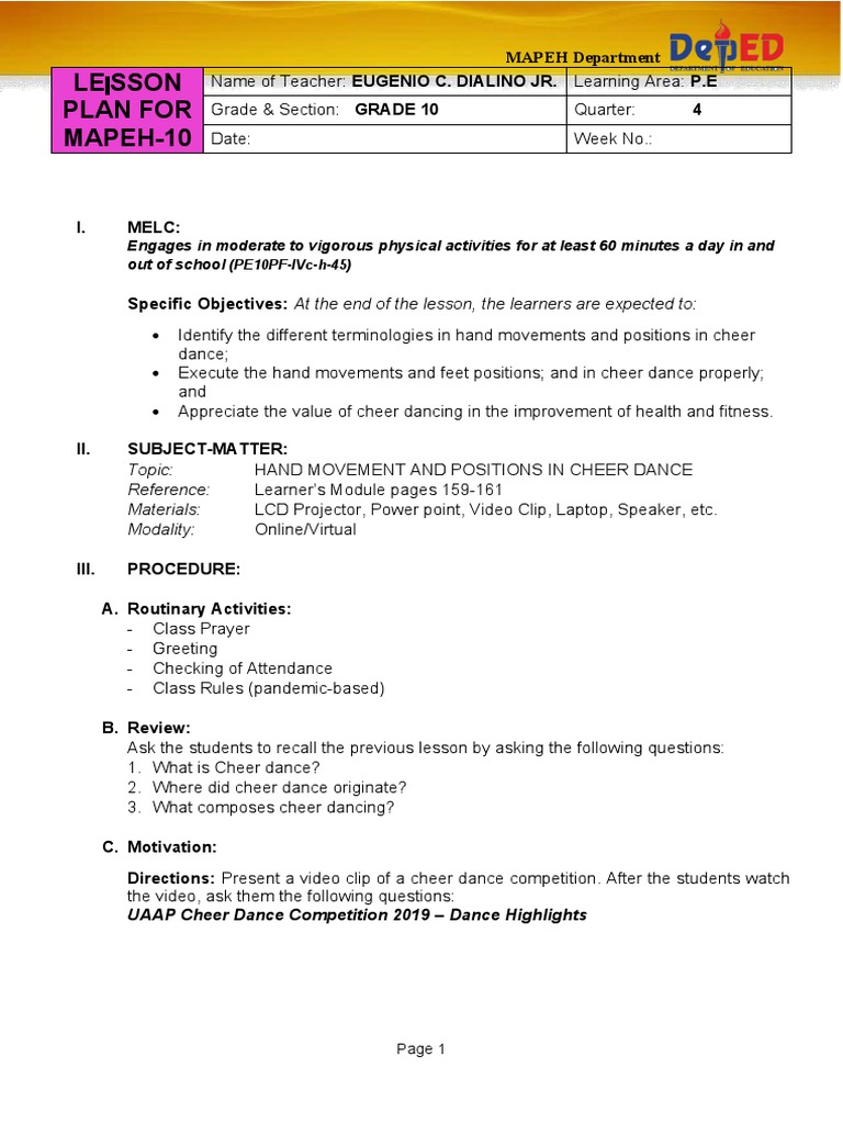 Mastering Hand Movements and Feet Positions: A Lesson Plan on Cheer ...