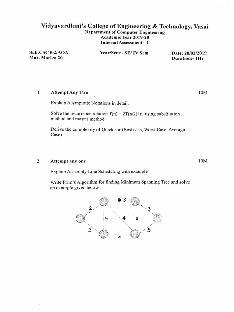 Analysis of Algorithm (AOA) TT1 (SEM4 2019-20) | PDF Analysis of Algorithm (AOA) TT1 (SEM4 2019-20) | PDF