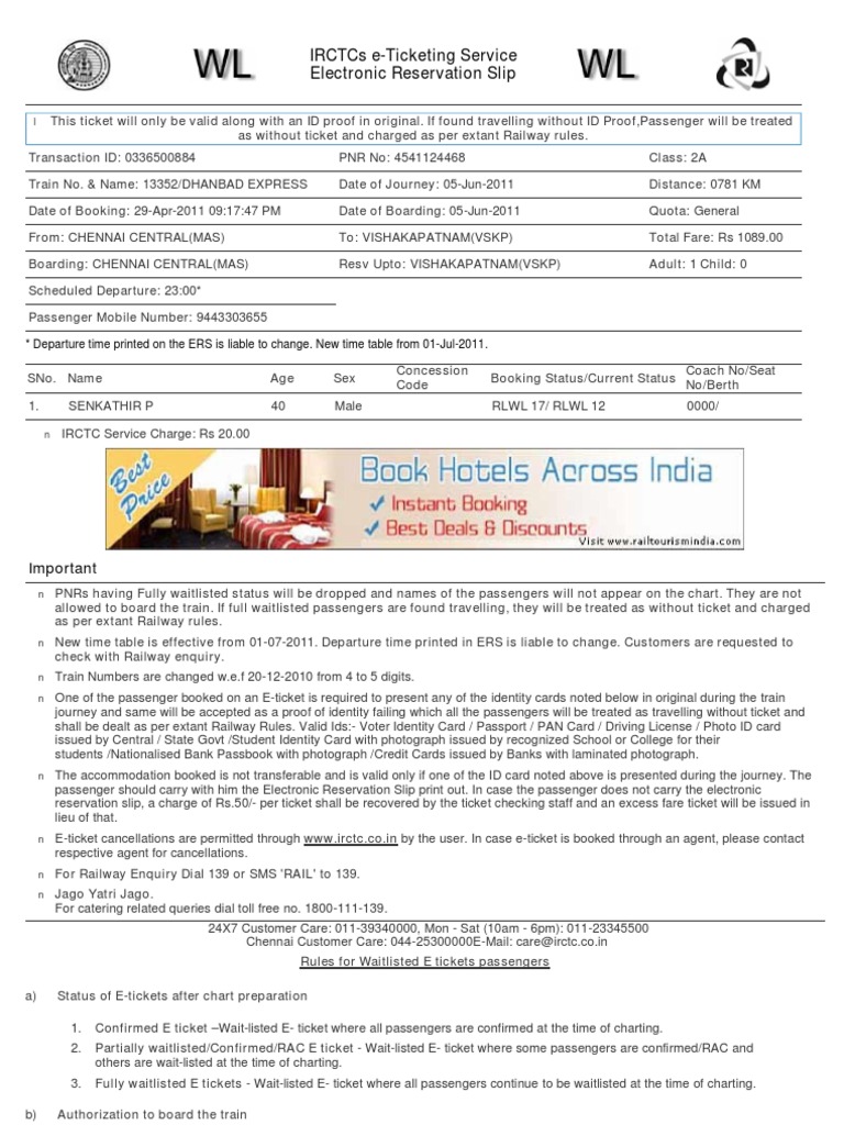 Irctcs E-Ticketing Service Electronic Reservation Slip: Important ...