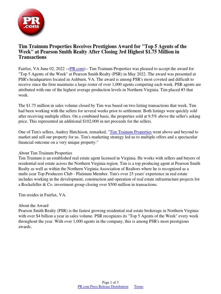 Tim Trainum Properties Receives Prestigious Award For "Top 5 Agents of ...