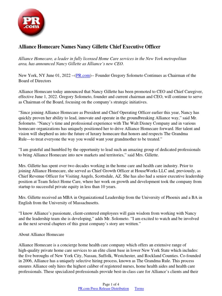 Alliance Homecare Names Nancy Gillette Chief Executive Officer | PDF ...