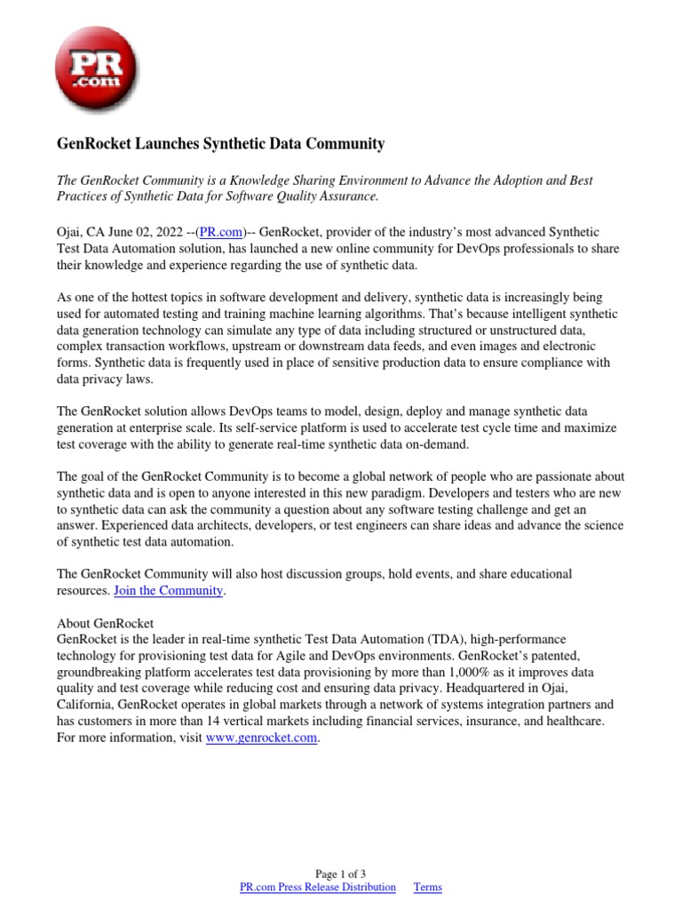 GenRocket Launches Synthetic Data Community | PDF | Automation | Computer Engineering