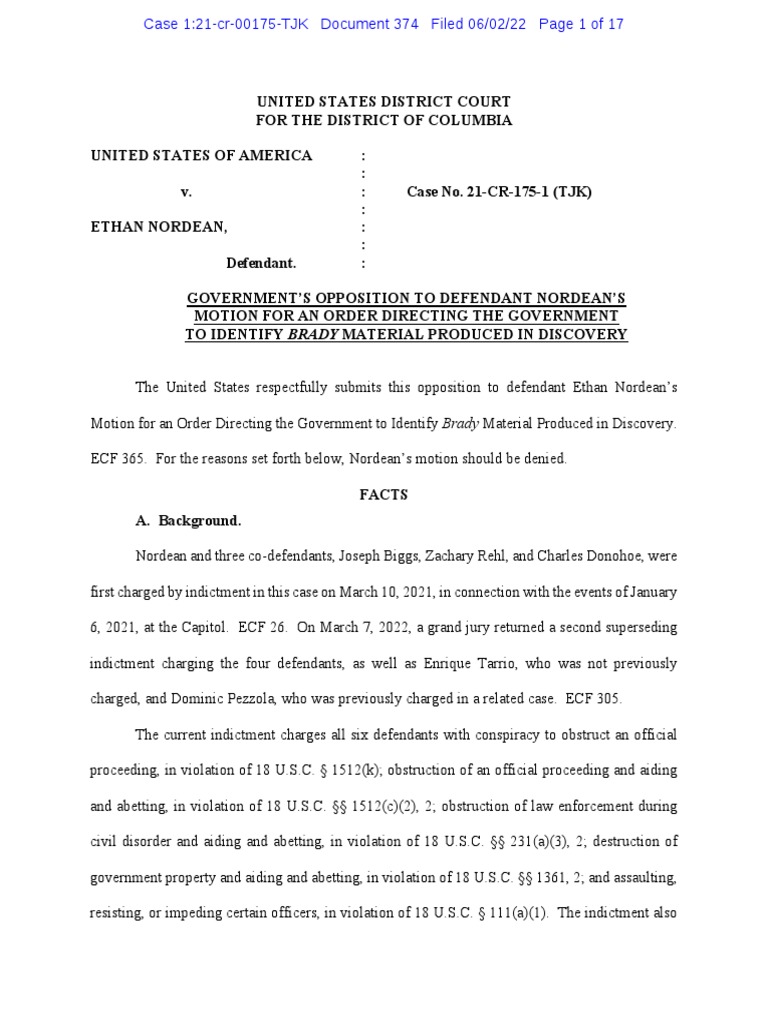 Govt Motion Opposing Nordean Motion Directing Govt To Identify Brady ...