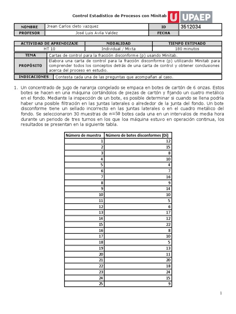 HT 10. Cartas de Control P | PDF | Estadísticas | Método científico