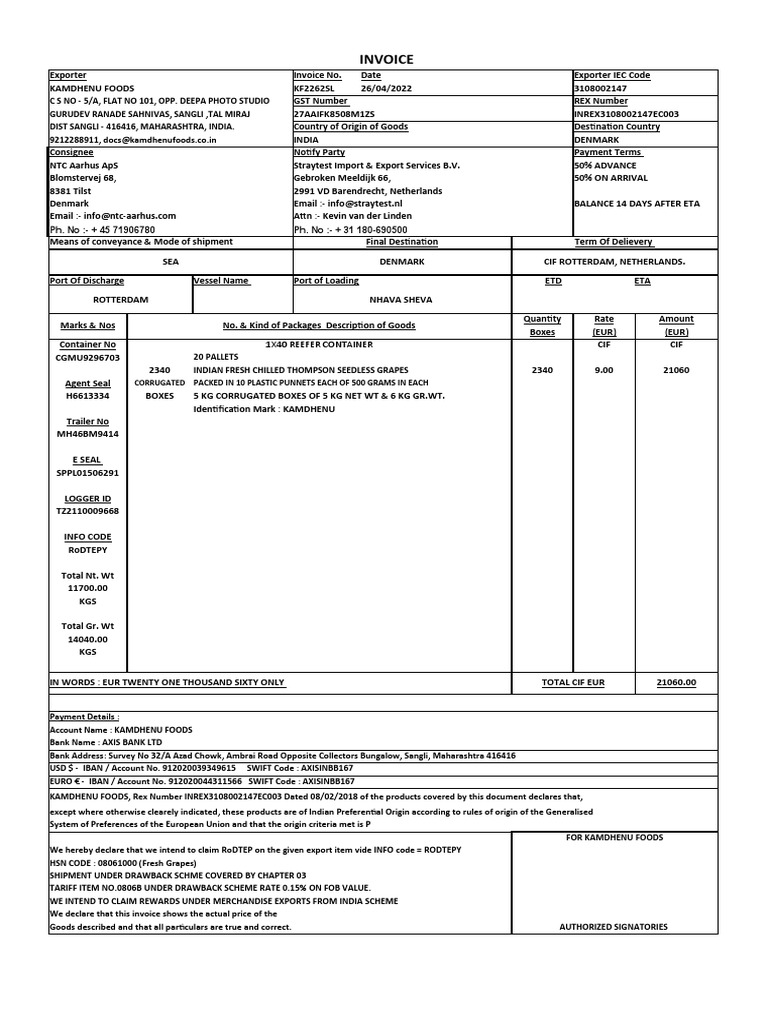 Invoice Kf2262sl NTC | PDF | Trade | International Business