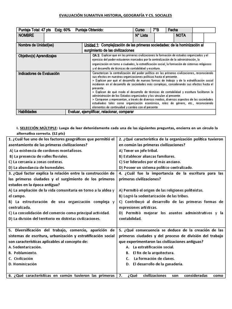 Prueba Primeras Civilizaciones 7b Pdf Historia Antigua Mesopotamia