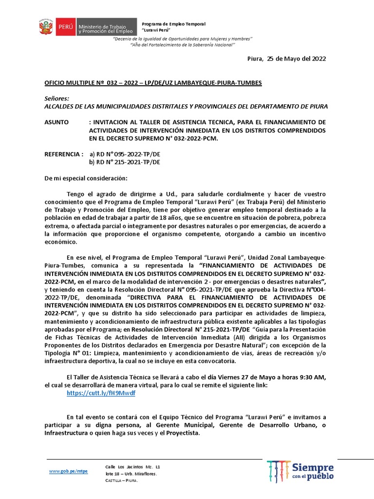 Oficio Multiple #032 - 2022-Invitación - Taller - Asistencia - Técnica - 1 | Descargar gratis ...