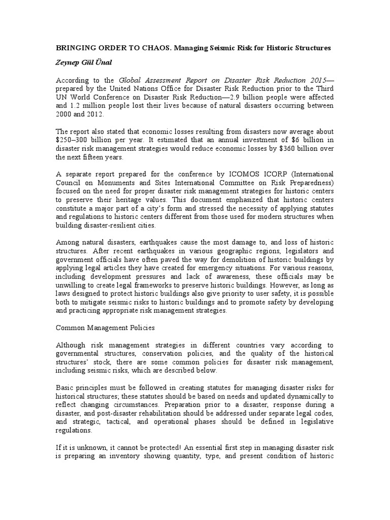BRINGING ORDER To CHAOS. Managing Seismic Risk For Historic Structures ...