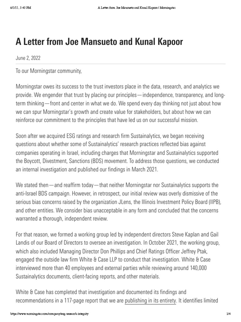 A Letter From Joe Mansueto and Kunal Kapoor - Morningstar | PDF | Bias ...