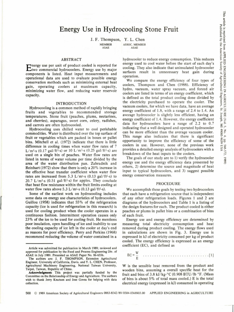 Energy Use in Hydrocooling Stone Fruit | PDF | Heat | Refrigeration