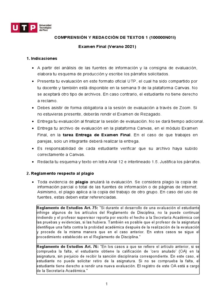 EXAMEN FINAL (Formato Oficial UTP) Verano 2021 | PDF | Prueba ...