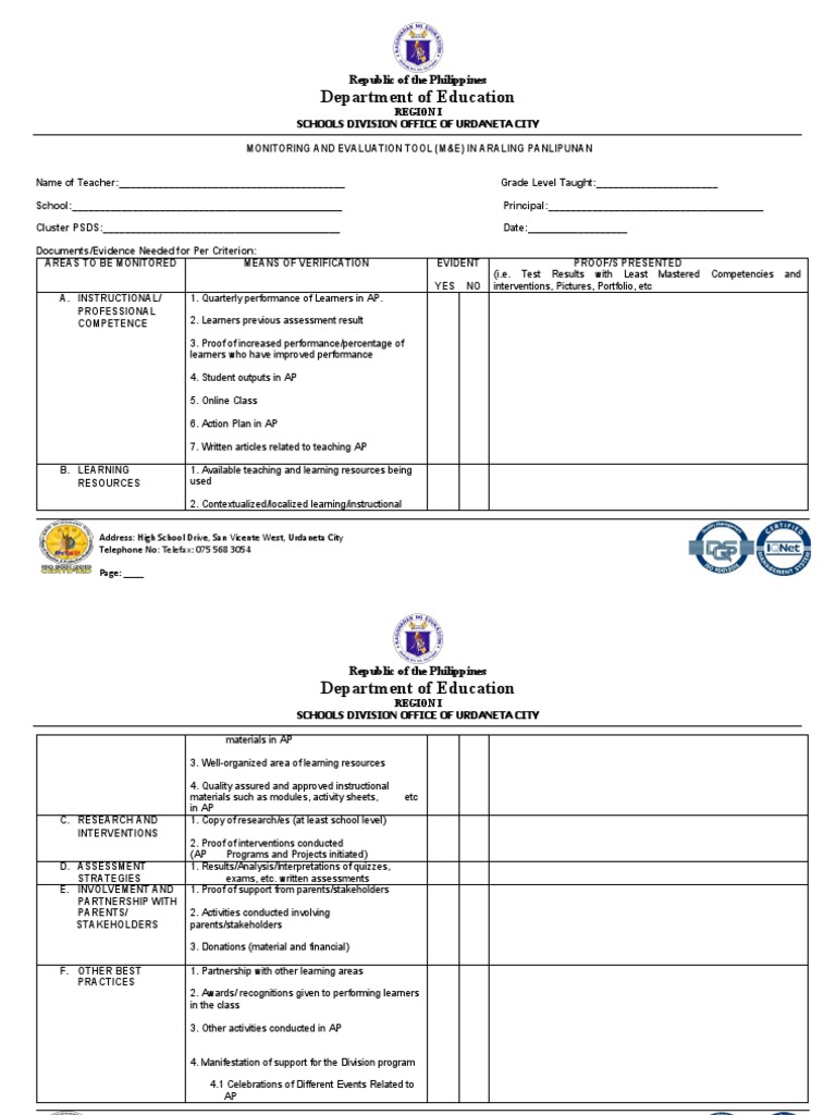 Monitoring Template in Aral - Pan 2022 | PDF | Educational Assessment ...