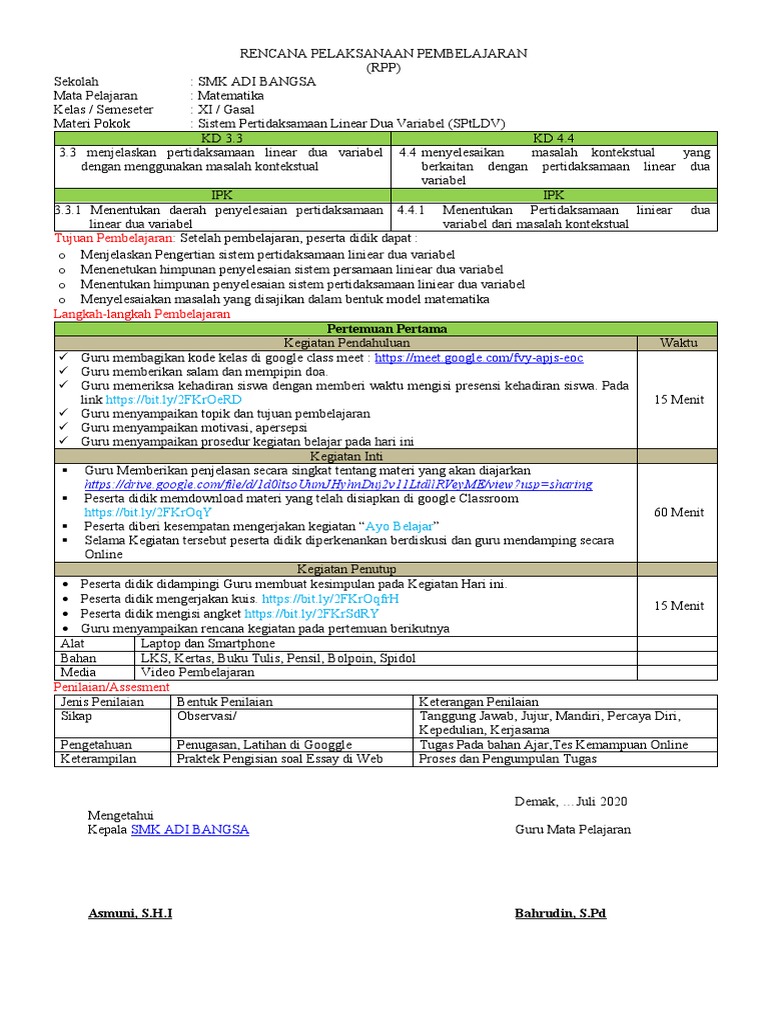 RPP Matematika: SPtLDV Kelas XI | PDF