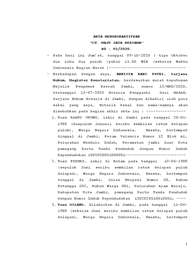 Contoh Akta Menonaktifkan CV Maju Jaya Bersama | PDF