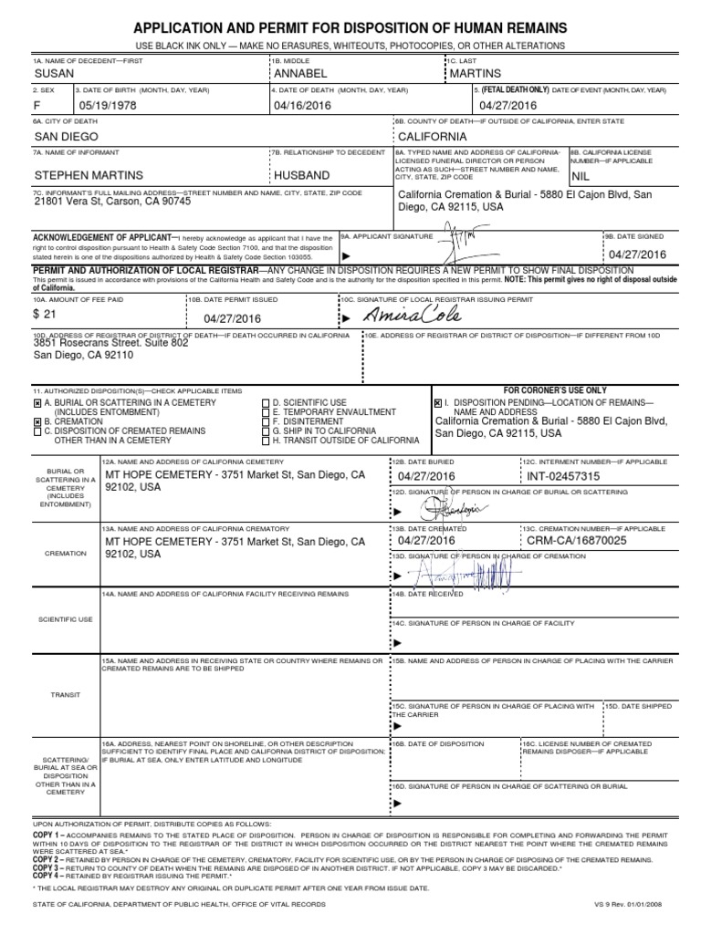 BURIAL PERMIT - 2018 Signed | PDF | Cremation | Burial
