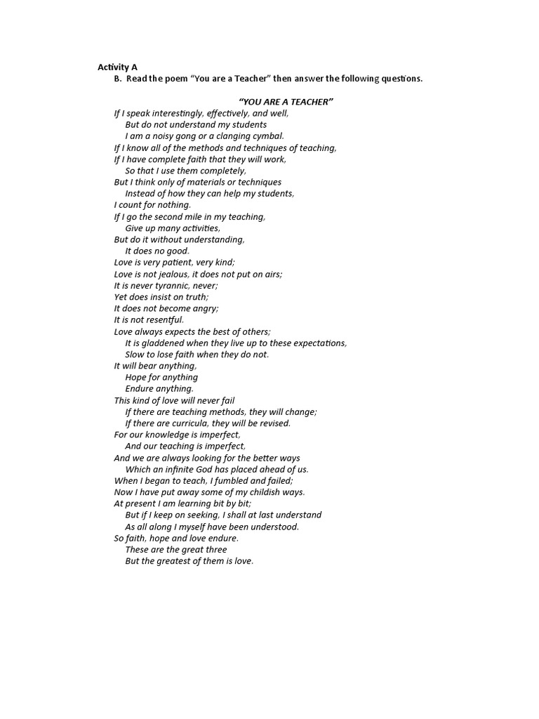 B. Read The Poem "You Are A Teacher" Then Answer The Following ...