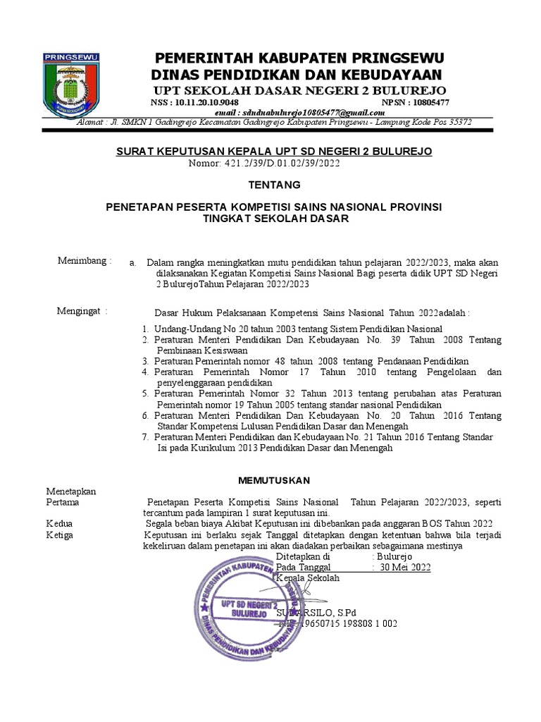 Contoh SK Penetapan Peserta KSN Tingkat Sekolah 5 PDF Free | PDF